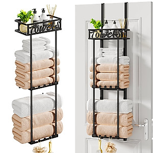 HapiRm Towel Rack Bathroom Storage - 3 Tier Over The Door Towel Rack with Metal Shelf Basket and 6 Hooks, Wall Mount Towel Holder, Rolled Towel Organizer for Small Bathroom (Black)