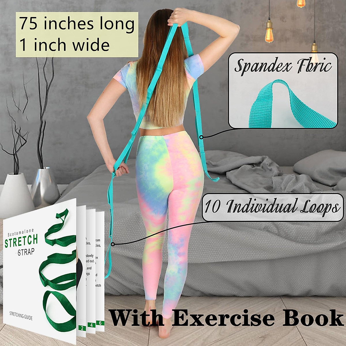 Scotamalone Stretching Strap Yoga Strap Physical Therapy for Home Workout, Exercise, Pilates and Gymnastics with Exercise Book 10 Loops Non-Elastic Stretch Bands with Aesthetic Packaging for Women & Men