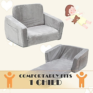 Baby Toddler Couch Sofa Chair Kids Foldable 2-in-1 Toddler Fold Out Couch Bed for Playroom, Pull Out Children Convertible Sofa Chair to Lounger Sleeper for Boys & Girls with Double Pockets, Dark Grey