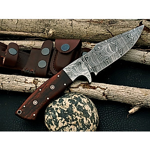Damascus Steel Hunting Knife Fixed blade knife Damascus Bolster Walnut Wood Handle Mosaic Pin, Bush craft, Outdoor Camping, with Cowhide Leather Sheath – BW-4144