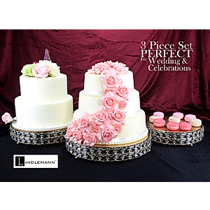 LINDLEMANN-Shiny Cake Stand-Decorative Metal Cake Holder with Spatula-Round Cake Stand-Genuine Mineral Crystals-Set of 3 Serving Plate Display- Mothers' & Easter Day Gift Tray-Gold (10 + 12 +13.5 in)