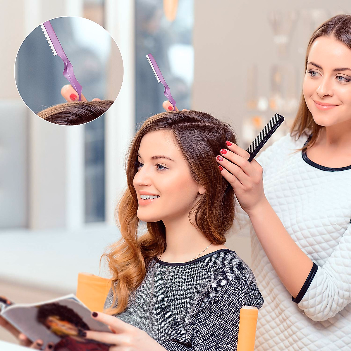 12 Pieces Hair Styling Thinning Razor Set, 2 Pieces Hair Styling Razor Hair Cutting Texturizing Razors and 10 Pieces Replacement Spare Blades for Salon Home Christmas Valentine's Day Giving (Pink)