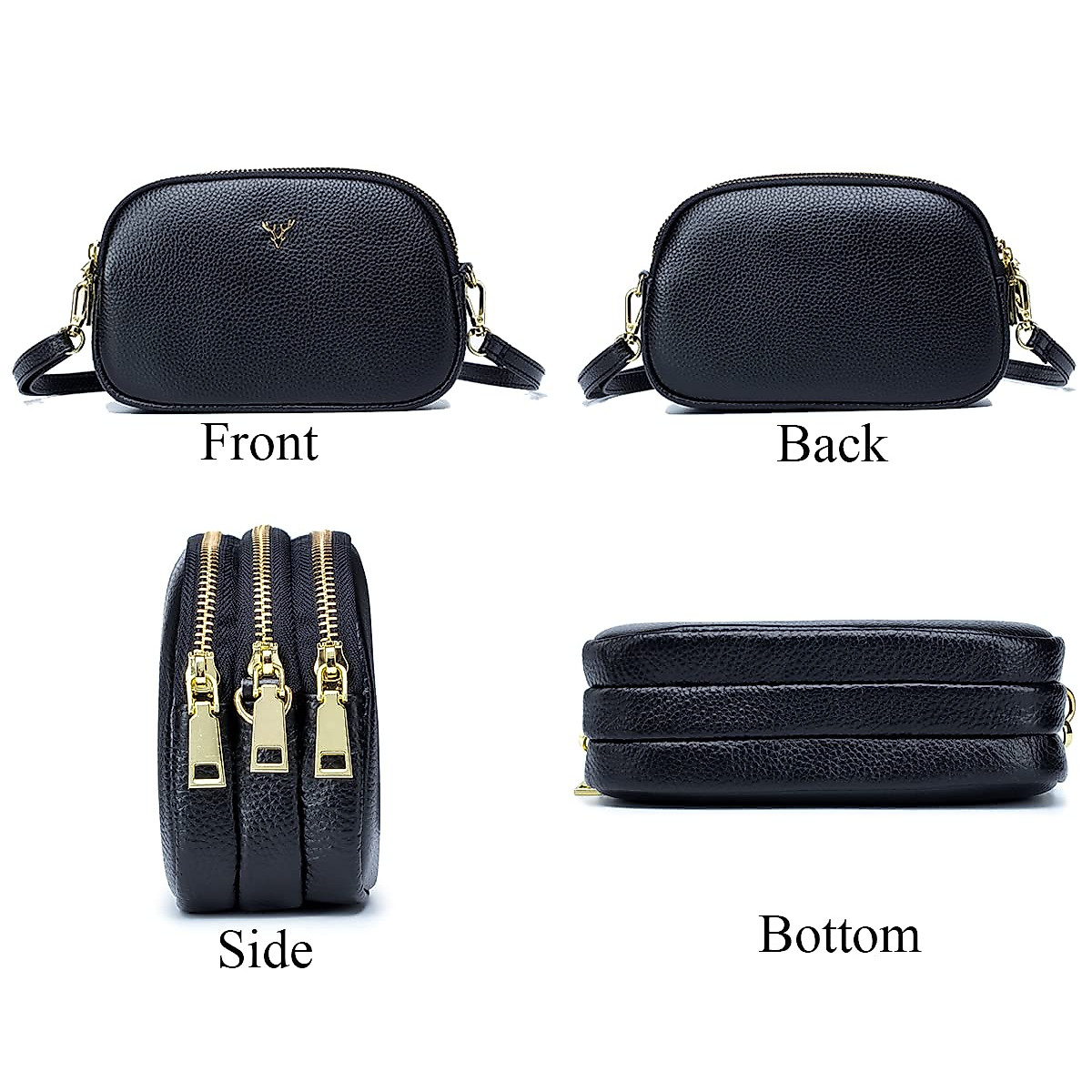 Triple Zip Small Crossbody Bags Genuine Leather Shoulder Handbags Trendy Design Cellphone Purses for Women and Girls(black)