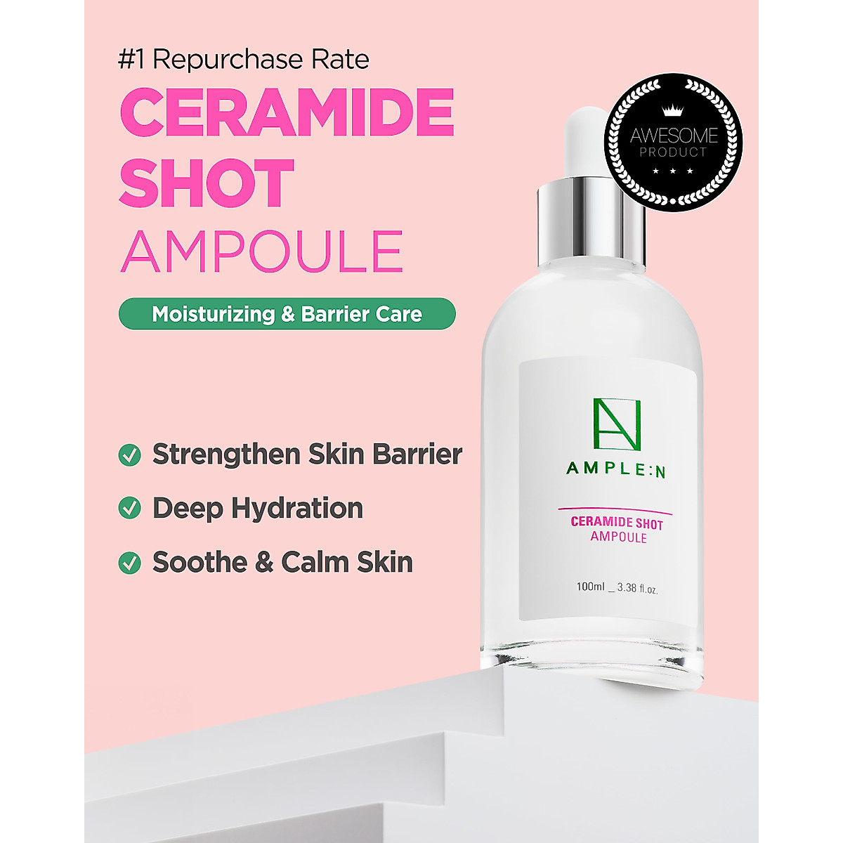 AMPLE:N Ceramide Shot Serum – Anti Aging and Hydrating Serum with Ceramide for Deep Moisturization – For Dry & Rough Skin to Reduces Wrinkles & Repairs Skin, 3.38 fl.oz.