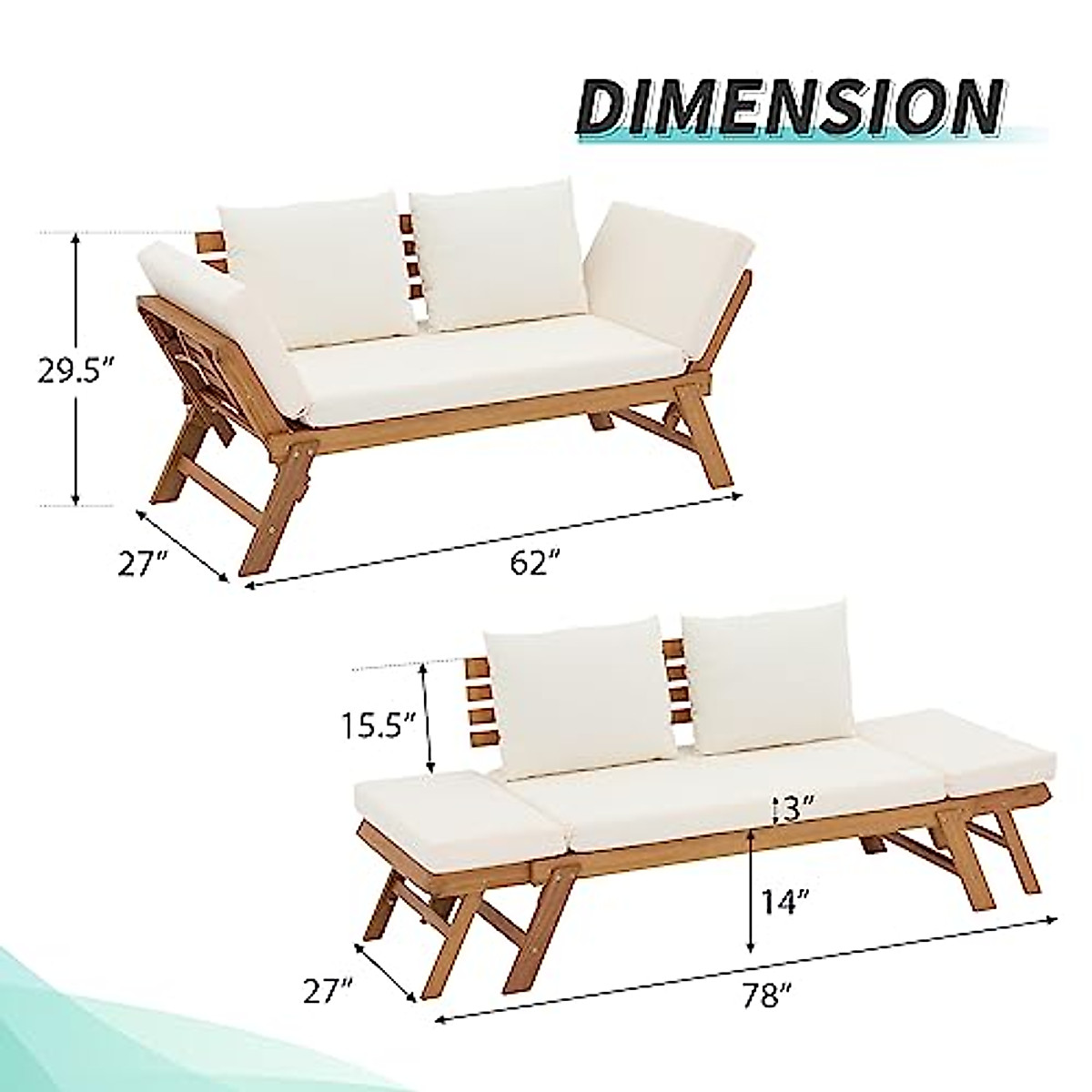 Verano Garden Outdoor Convertible Sofa Daybed, FSC Acacia Wood Patio Couch with Thick Cushion & Pillows for Porch, Backyard, Balcony, Apartment, Sunroom, Cream White