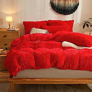 Red Fluffy Comforter Cover Shaggy Plush Set,Ultra Soft Faux Fur Duvet Cover Bedding Sets Queen 3 Pieces with Pillow Cases, red Fuzzy Bed Set Zipper Closure (Red, Queen)