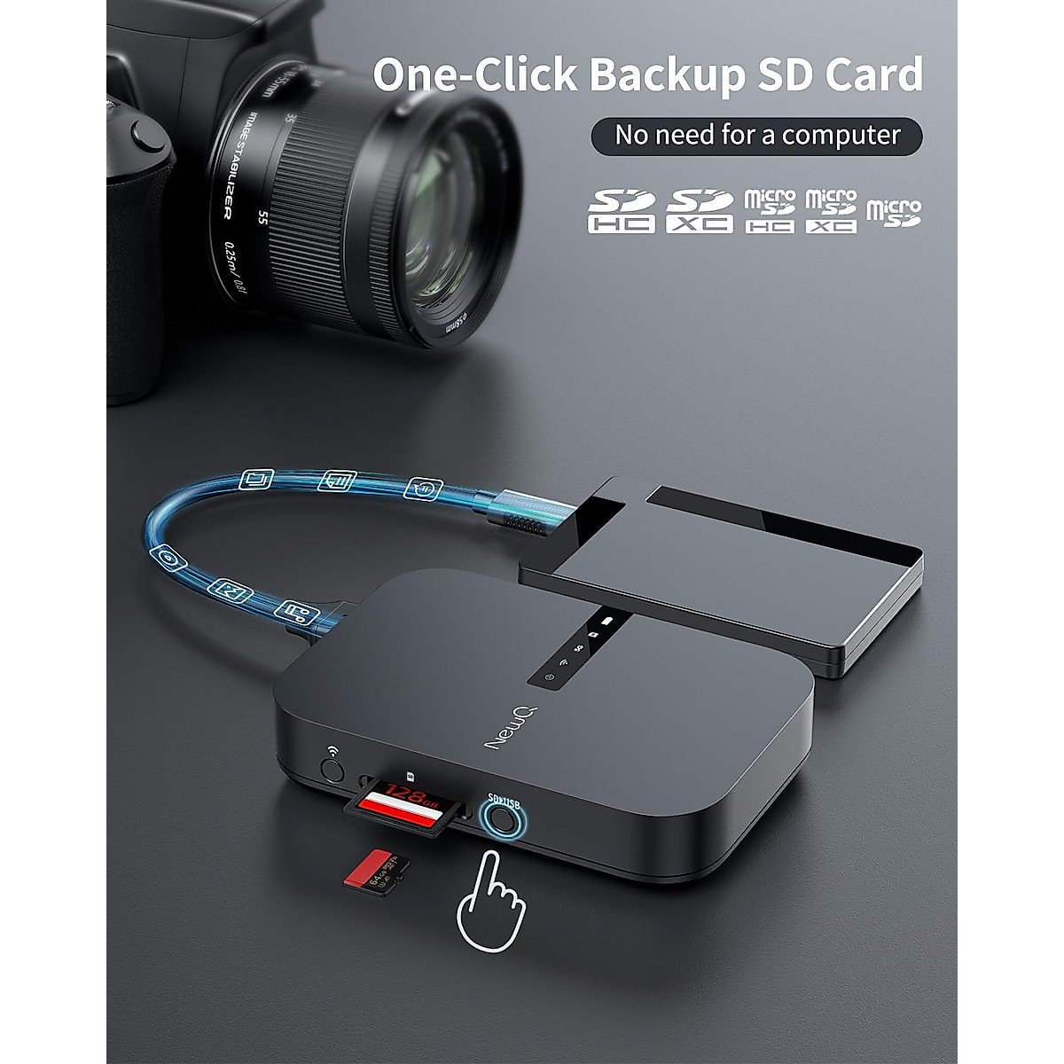 Wireless SD Card Reader for iPhone iPad: NewQ Filehub External Memory Card Reader Adapter Transfer Files from Camera SD & Micro SD to SSD & USB Drive Compatible with Phone | Computer | MacBook