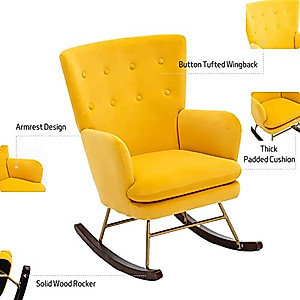 HEAH-YO Comfy Nursery Rocking Chair, Modern Glider Rocker Chair with Armrest, Upholstered Relax Velvet Lounge Chair with Thick Cushion for Living Room, Yellow