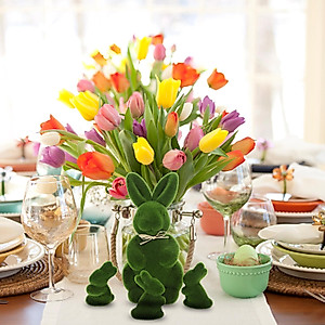 4pcs Bunny Decor Easter Artificial Turf Grass Rabbit Figurine Flocked Animal Bunny Statue Easter Party Favor for Yard Decorations
