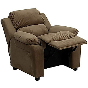 Flash Furniture Charlie Microfiber Kids Recliner with Flip-Up Storage Arms and Safety Recline, Contemporary Reclining Chair for Kids, Supports up to 90 lbs., Brown