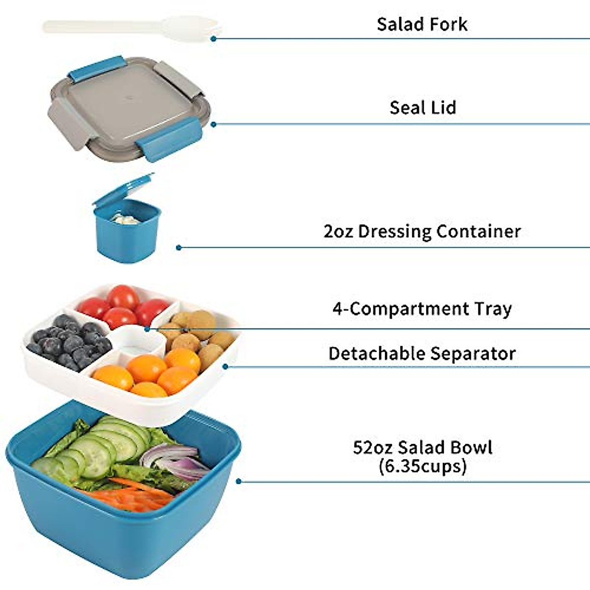 shopwithgreen 52 OZ to Go Salad Container Lunch Container, BPA-Free, 3-Compartment for Salad Toppings and Snacks, Salad Bowl with Dressing Container, Built-in Reusable spoon, Microwave Safe