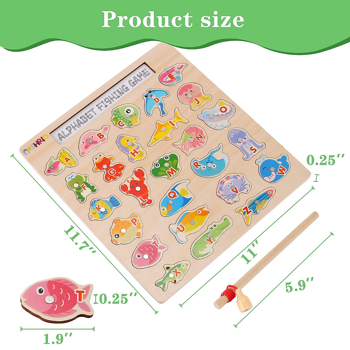 NASHRIO Magnetic Wooden Fishing Game Toy for Toddlers, Alphabet Fish Catching Games Puzzle with Letters, Preschool Learning ABC Educational Toys for 3 4 5 6 Years Old Girl Boy Kids
