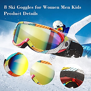 8 Pcs Ski Goggles with Glasses Cloths, UV Protection Snowboard Goggles Dustproof Anti Fog Snow Goggles for Kids Adults Men Women Boys Girls Teens Winter Sports, 8 Colors