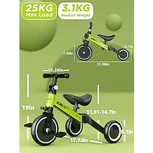﻿XJD 5 in 1 Toddler Bike, Tricycle for Toddlers 1-3 with Adjustable Seat Height, Removable Pedals, Ideal Balance Bike Birthday Gifts and Toys for Boys and Girls (Green)