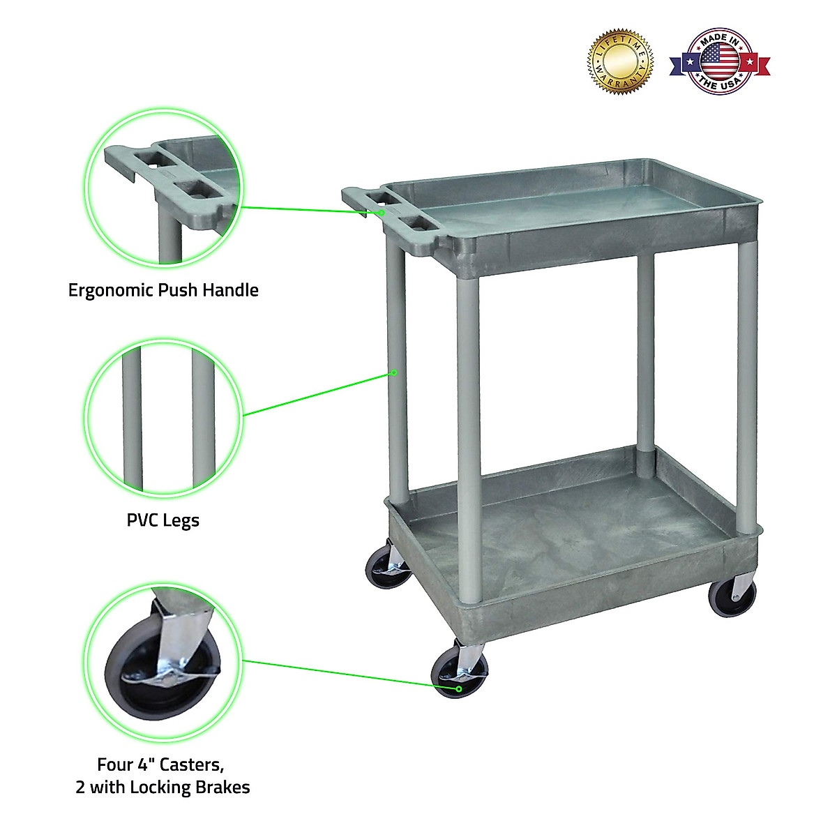 Luxor/H.Wilson Two Shelf Rolling Industrial Utility Tub Cart with Handle - 24 in. x 18 in, Gray