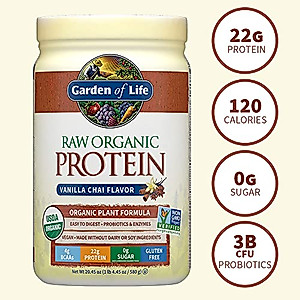 Garden of Life Raw Organic Protein Vanilla Chai Powder, 20 Servings, Certified Vegan, Gluten Free, Organic & Non-GMO, Plant Based Sugar Free Protein Shake, Probiotics & Enzymes, 4g BCAAs, 22g Protein