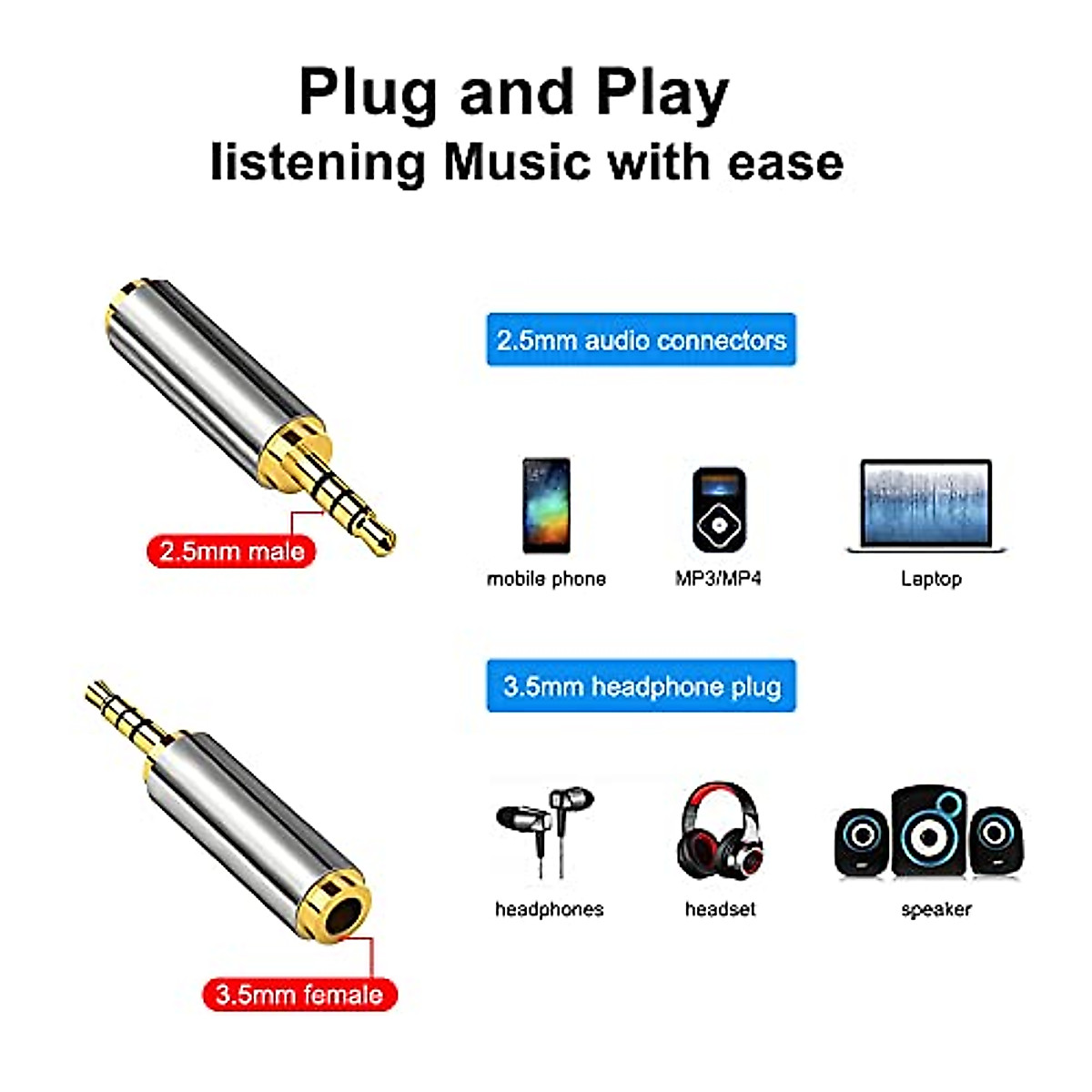 NETVIP 2.5mm Male to 3.5mm Female Audio Adapter Gold Plated 2.5mm to 3.5mm Adaptateur TRRS Converter Premium Sound Quality 3 Ring Earphone Headset Stereo Adapter Jack (Stereo or Mono)-2 Packs