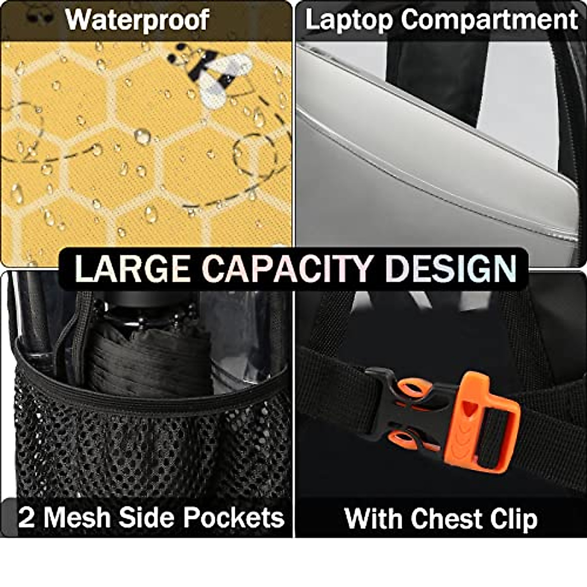 Heavy Duty Clear Backpack Stadium Approved, Honey Bees Bumblebees PVC Transparent Backpack See Through Large Bookbag for Work School Travel College