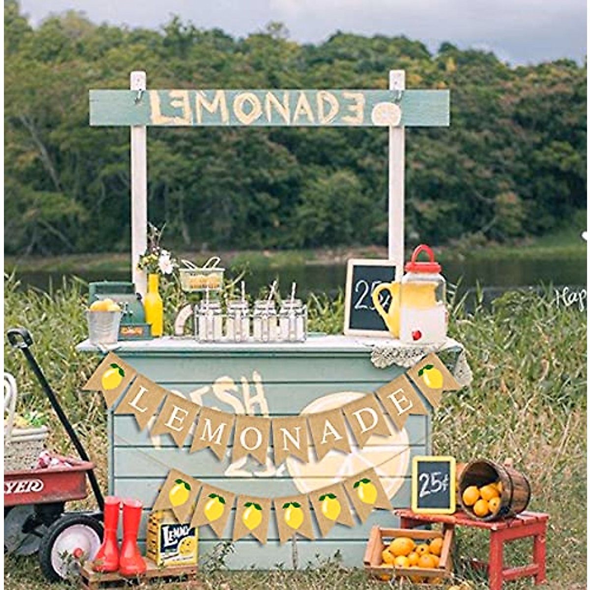 JOZON Lemonade Burlap Banner and Lemon Burlap Banner Jute Summer Lemon Theme Bunting Banner Garland Summer Lemon Theme Birthday Baby Shower Party Decor Lemonade Stand Decorations