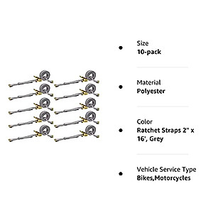 10 E Track Ratchet Tie-Down Cargo Straps, 2" x 16' Durable Ratcheting Strap Cargo TieDowns, Heavy Duty Grey Polyester Tie-Downs, ETrack Spring Fittings