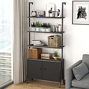Usinso Wood Metal Ladder Bookshelf, Industrial 4-Tier Black Bookcase with Wide Storage Cabinet, Rustic Brown Bookshelf for Living Room, Shelves for Storage Bedroom, 30L x 13W x 70H Inch
