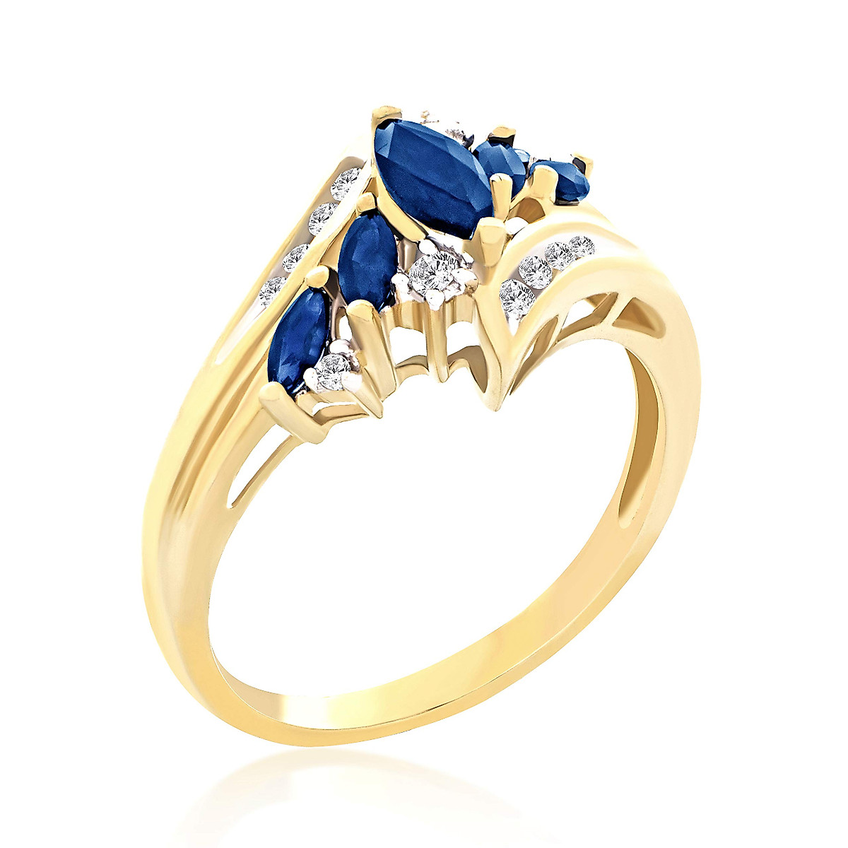 Lexi and Rose 14K Yellow Gold, Marquise Cut Blue Sapphire & 1/10 Cttw Diamonds Channel Set Bypass Engagement Ring (I-J Color, I2-I3 Clarity) - Size 7