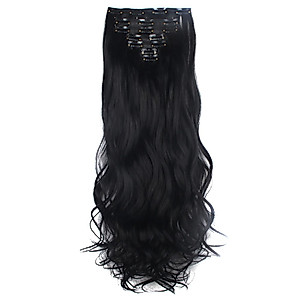 Lelinta 7Pcs 16 Clips 24 Inch Wavy Curly Full Head Clip in on Double Weft Hair Extensions, Dark Black, 24 Inch