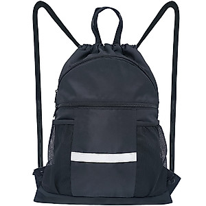 CALACH Drawstring Backpack Sports Gym Bag with Shoe Compartment, X-Large String Bag for Women Men with Zipper Pockets and Mesh Pockets (Black)