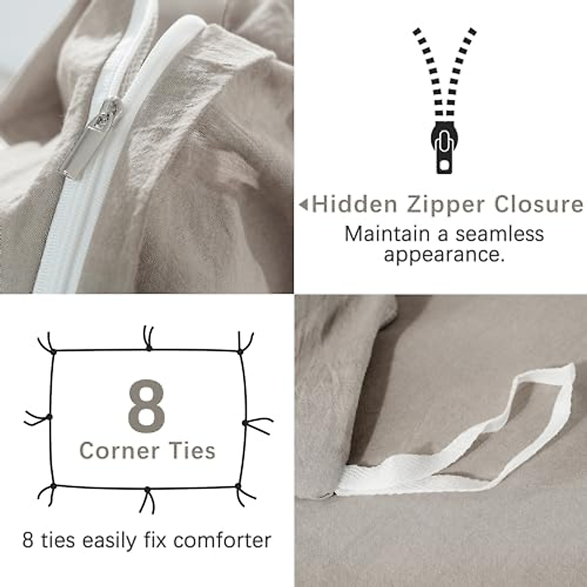 ATsense Duvet Cover King Size, 100% Washed Cotton Linen Feel Super Soft Comfortable, 3-Piece Tannish Linen Grey Duvet Cover Bedding Set, Durable and Easy Care, Simple Style Farmhouse Comforter Cover