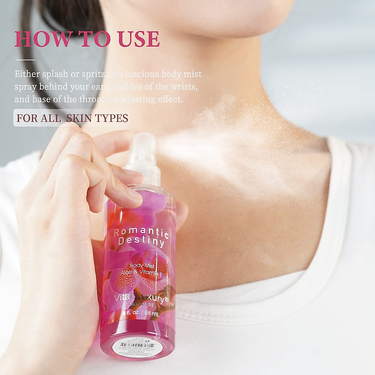 Vital Luxury Body Mist Set, Travel Size Spray Bottle, Long Lasting Perfume Gift Sets, Fragrance Mist for Men & Women, Romantic Destiny, Pack Of 2, 3 Fl Oz Each