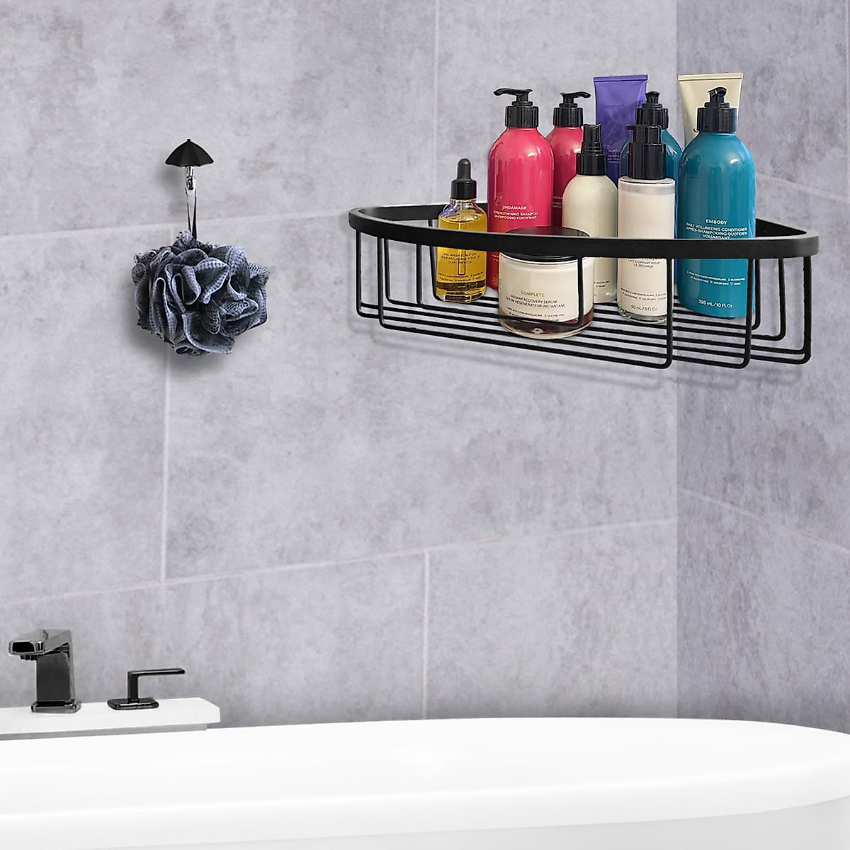 Stainless Steel Wall Mount Shower Caddy, Single Hook & Bath Wipe | Waterproof Durable Corner Shower Rack for Bathroom |Space Saving Bathroom Organizer & Storage for Shampoos Soap Bath Items | Black