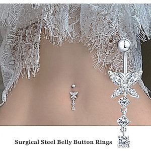 Incaton 14G Belly Button Rings Butterfly Heart Diamond, Stainless Steel Dangle Belly Rings For Women, 6mm Short Bar/ 10mm Hypoallergenic Navel Piercings Silver 6mm