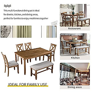 Merax 6-Piece Wooden Dining Rectangular Table Set, 4 Chairs and Bench with Cushion, Kitchen Family Furniture, Natural Cherry-2-6pcs