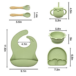 Rayshie Baby Led Weaning Supplies,Baby Utensils 6-12 Months, BLW Utensils,Silicone Bib,Toddler Bowl,Straw Cup,Suction Divided Baby Plate,Fork&Spoon,Baby Eating Supplies,Baby Gifts (RS-FDs-Olive-22-03)