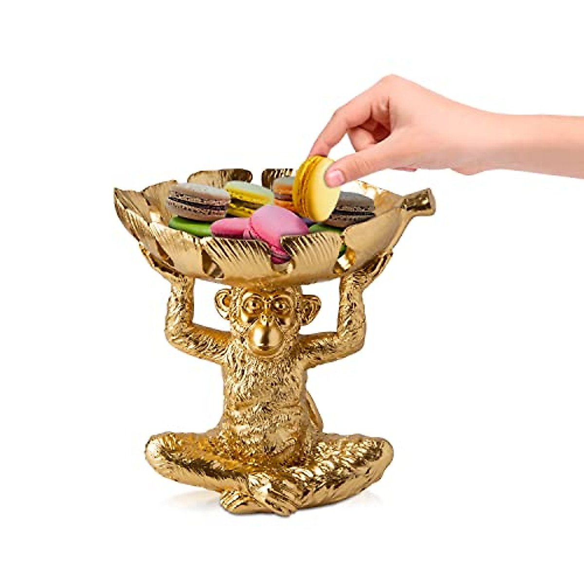 Adorable “Monkey” Candy Tray Made of Resin – Monkey Sculpture w/Split Leaf Dish for Snacks, Nuts, Candies & More – Decorative Holder w/Golden Finish for Keys or Jewelry – Ornament for Modern Decor