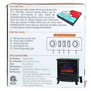 Infrared Electric Fireplace Stove Heater with Remote - L21.26 x W11.15 x H26.77 hes, Black