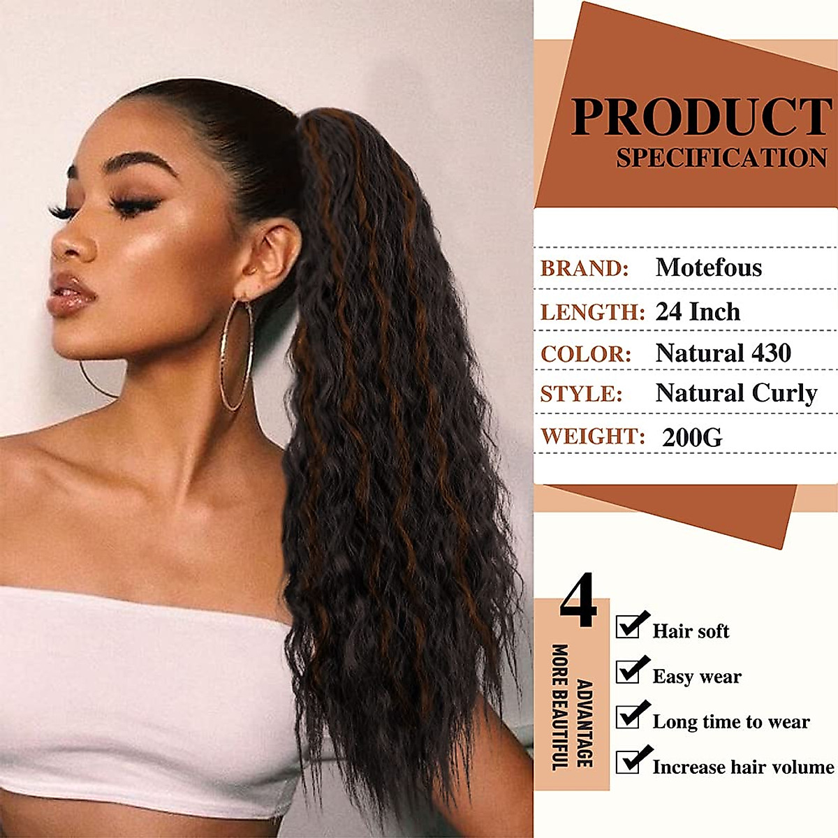 MOTEFOUS Long Wavy Drawstring Ponytail Extension Synthetic Natural Black Curly Wavy Ponytail Hairpieces for Women 24 INCH Wavy Drawstring Ponytail for Black Women （1B）