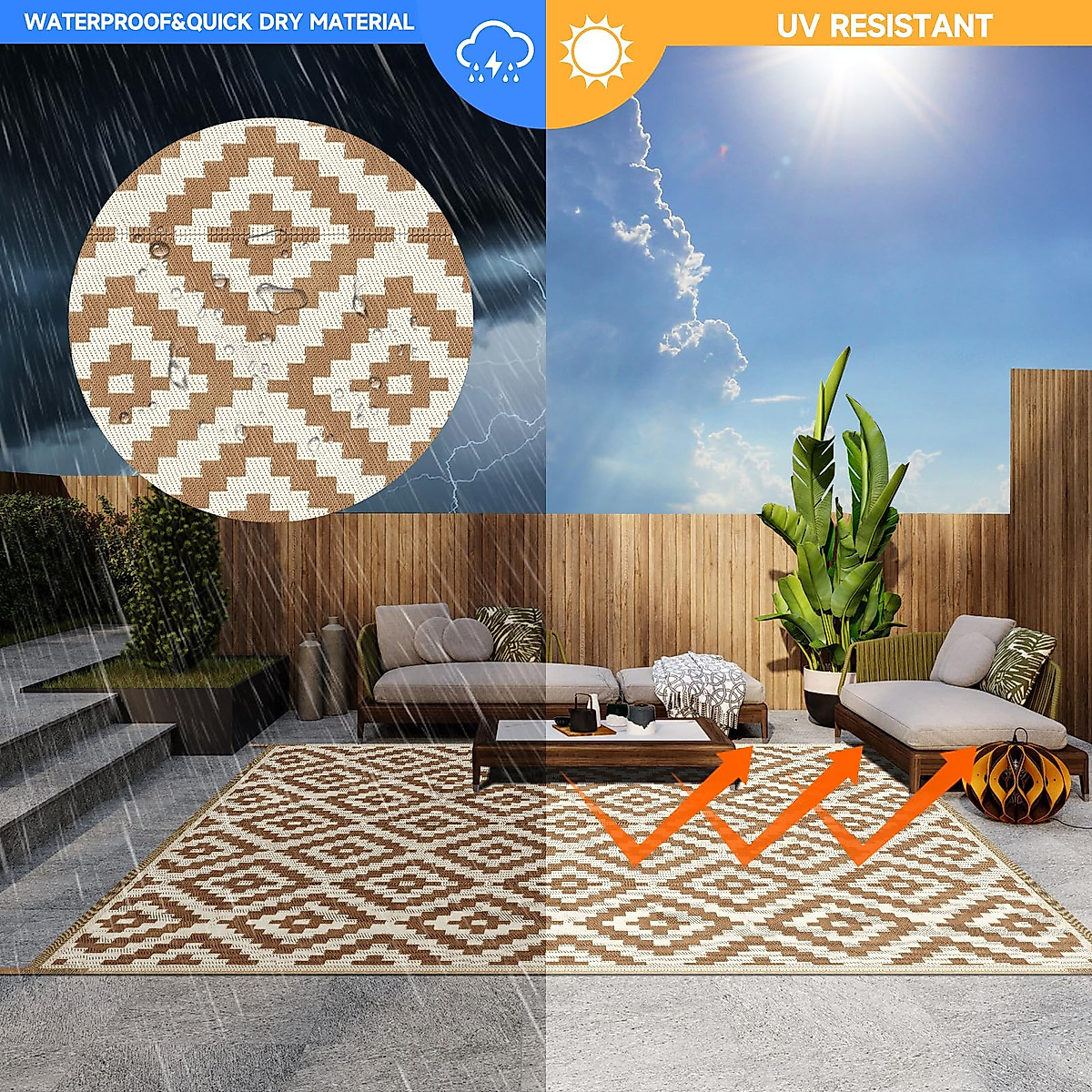 JBGO Outdoor Rug - Patio Rug - Reversible Woven Lightweight Large Recycled Plastic Striped Stain Proof Indoor Area Runner Mat - Deck, Patio, Camping, Picnic, Balcony - Doe&Coconut Milk - 5' x 8‘