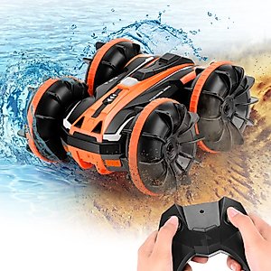 Qinycon Amphibious RC Car Remote Control Boat for Kids, 4WD 2.4Ghz 2 in 1 RC Stunt Car with 360° Flips, Double Sided Rotating RC Cars Toy for 5-12 Year Old Boys & Girls