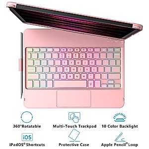 iPad Pro 11 inch Case with Keyboard, iPad Air 5/Air 4 10.9 inch Keyboard Case with Trackpad, Keyboard Case for iPad Air 5/Air 4 and iPad Pro 1-4 Gen, Backlit 10 Color & 360 Screen Rotation - Rose Gold