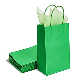 DjinnGlory 24 Pack Small Green Paper Gift Bags with Handles and 24 Tissue Paper for Christmas Holiday Birthday Wedding Baby Shower Party Favors Goodies, 9x5.5x3.15 Inch (Green)