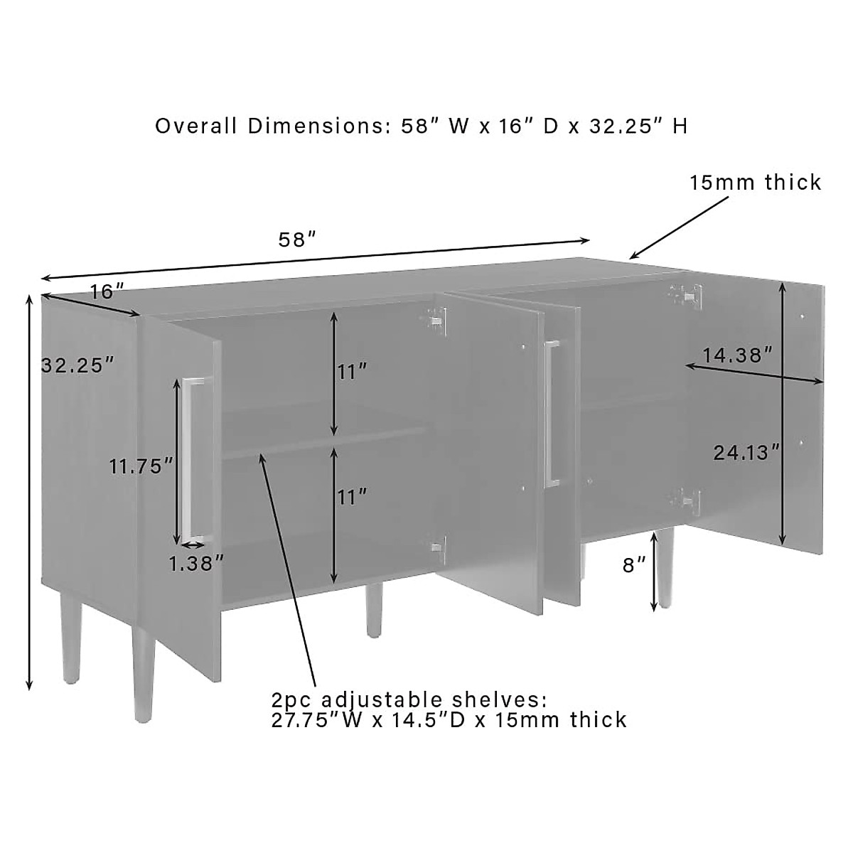 Crosley Furniture Everett Mid-Century Modern Sideboard, Matte Black