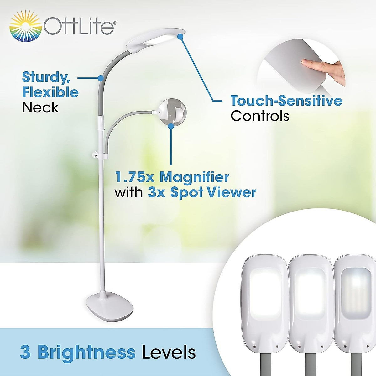 OttLite LED Floor Lamp with Optical Grade Magnifier - ClearSun LED Technology - 3 Brightness Settings, Adjustable Arm & Touch Sensitive Controls - Great for Sewing Table, Crafting, Home  & Office