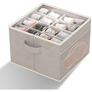 artgeeker Shoe Organizer for Closet- Fits 16 Pairs, Large Foldable Shoe Storage with Clear Cover, Beige Adjustable Dividers Shoe Containers with Mesh Pockets and Pull Handles - Beige