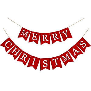 Whaline Merry Christmas Canvas Banners, Red Christmas Bunting Garland, Hanging Xmas Decorations for Fireplace Wall (13ft in total)