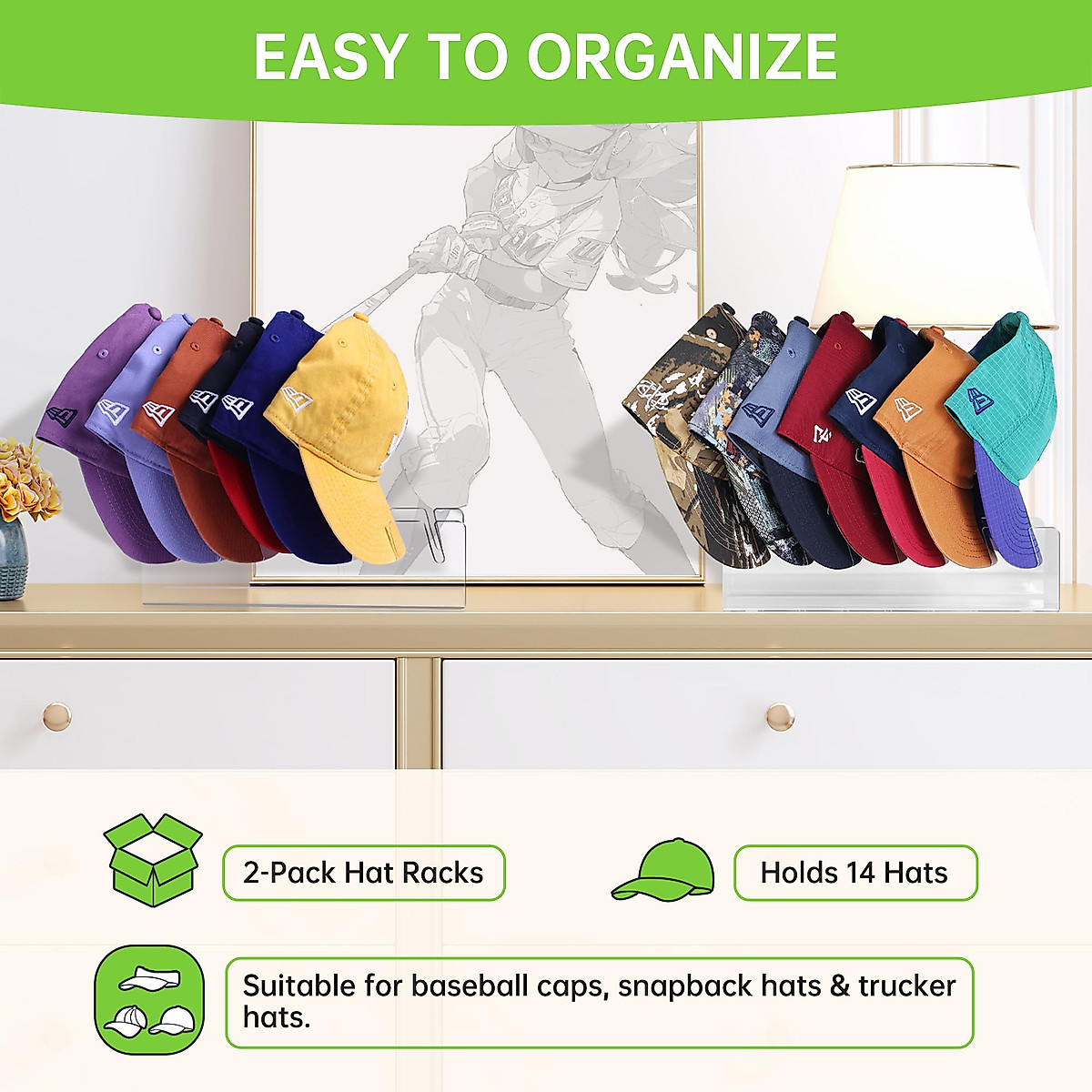 Phsycolv 2024 New Hat Stand for Baseball Caps Display and Organizer, No Install Acrylic Hat Holder for 14 Baseball Caps for Bedroom, Closet, Dresser (2PCS), Unique Gift for Hat lovers