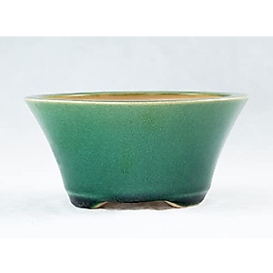 Fine Round Green Glazed Cactus & Succulent Planter, Shohin Bonsai Pot + Mesh - 5.25"x 5.25"x 2.5"