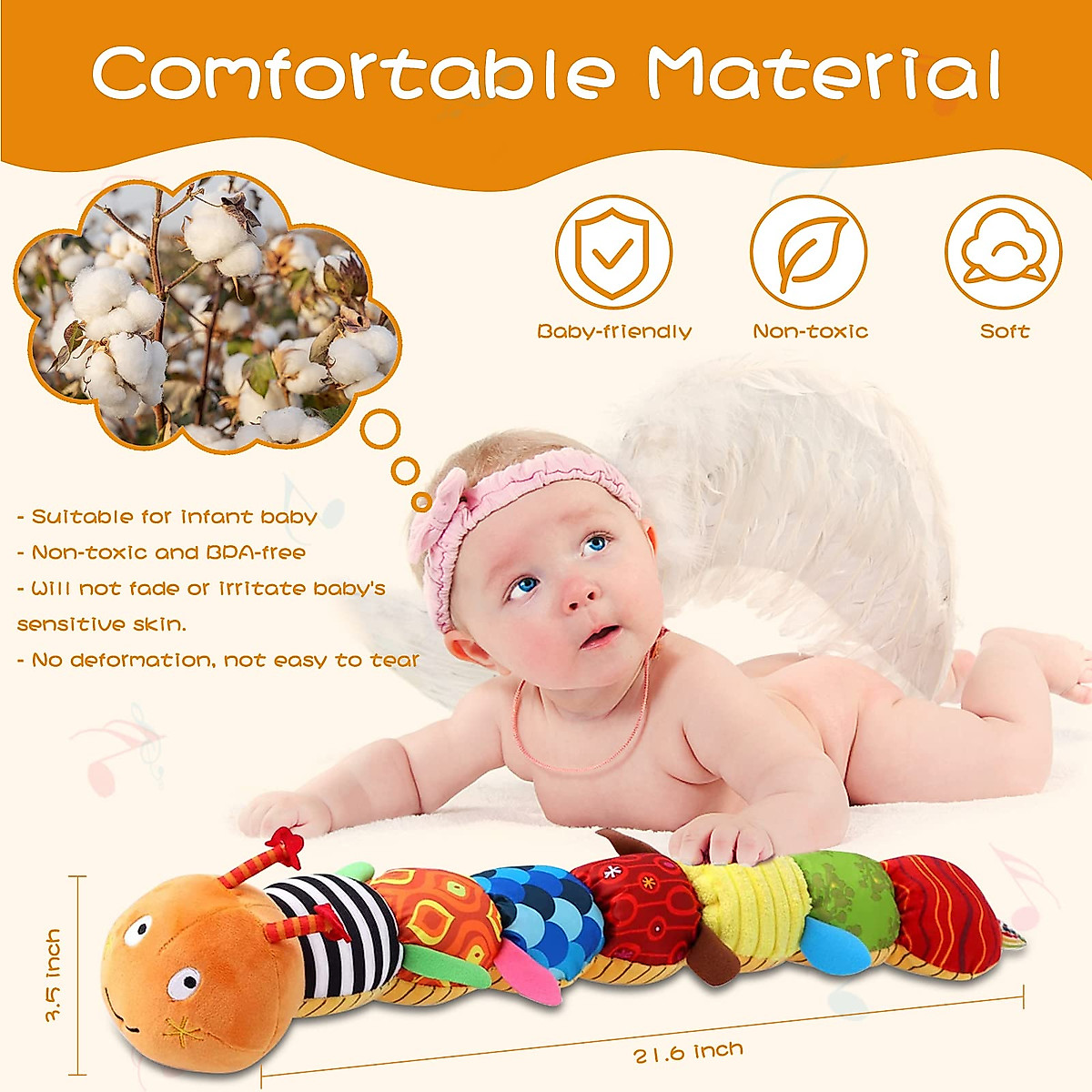 ZUCOOP Baby Musical Worm Soft Infant Toy, 6 Different Sensory, Crinkle and Rattle Stuffed Animals for Newborn Toy Tummy Time 0-3-6-12 Months Old Girl Boy Gifts, Cuddly Caterpillar