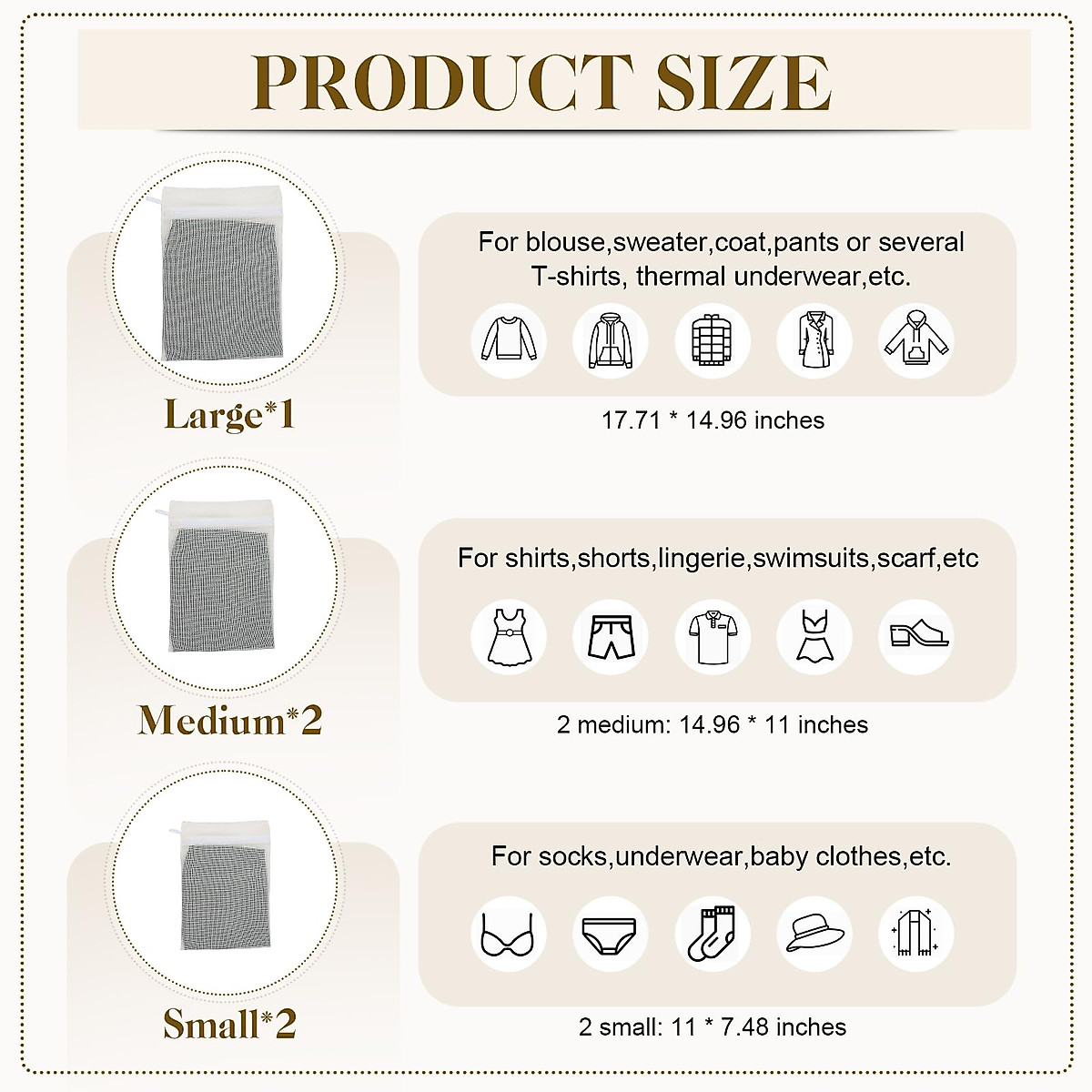 5-Piece Laundry Bag Set, Organic Cotton Mesh Laundry Bag with Zipper and Hanging Loop, 3 Sizes (S,M,L) Mesh Laundry Bag, Artisan Crafted Cotton Mesh Laundry Bag for Delicate Underwear and Socks