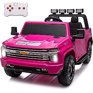 sopbost 24V 2-Seater Kids Ride On Truck with Remote Licensed Chevrolet Silverado - 4x4 High Performance EVA Tires Version (Hot Pink)